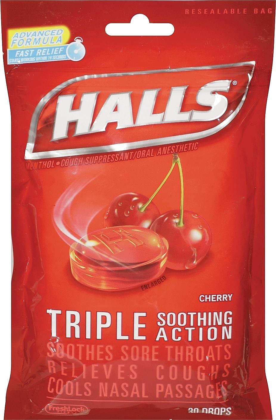 HALLS Triple Action Cherry Cough Drops - 30 Count Bag | International ...