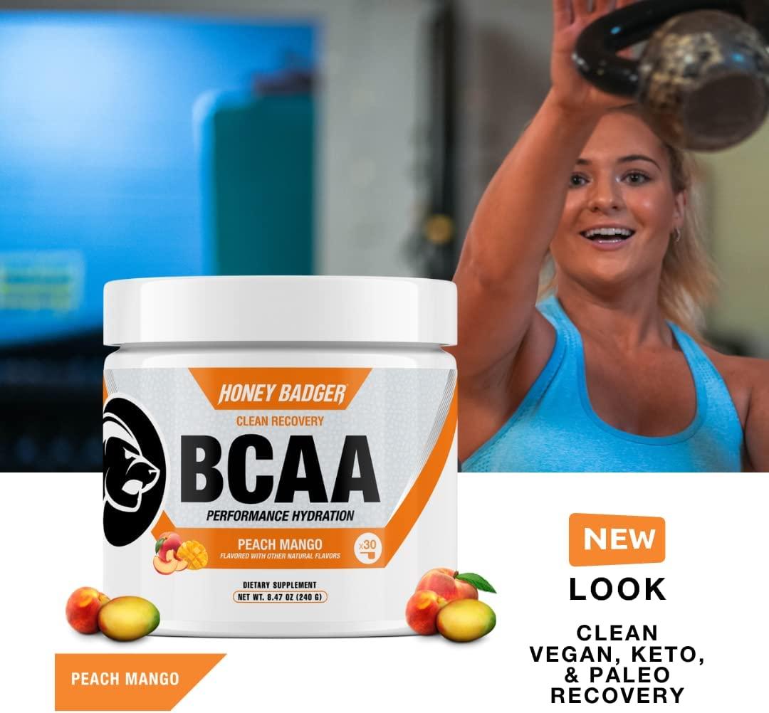 Honey Badger BCAA Amino Acids Powder - Peach Mango Flavor | Vegan Keto ...