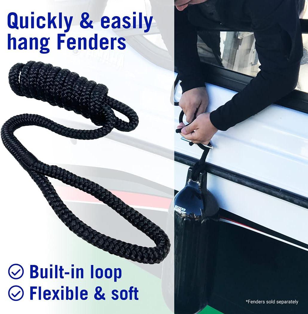 6ft Double Braided Nylon Boat Fender Lines 3/8 inch - 2 Pack Black ...