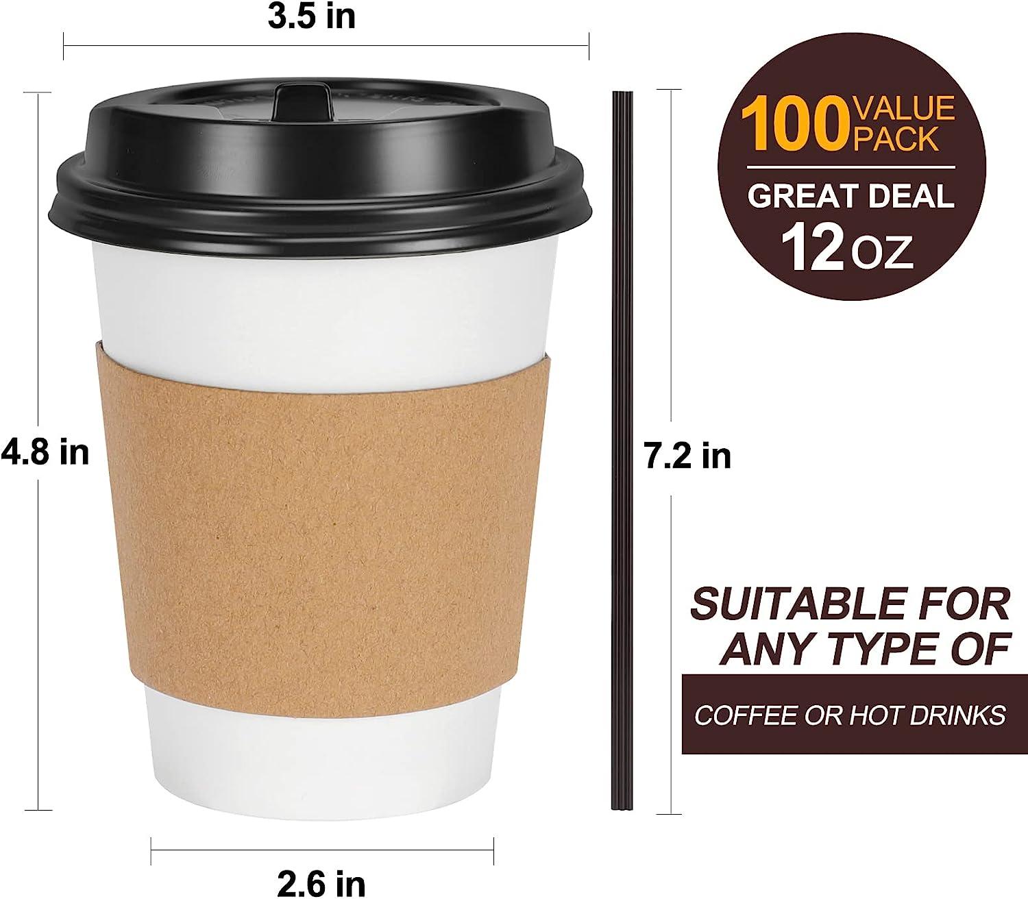 FIFWVGP 12 oz Disposable Coffee Cups with Lids - 100 Pack | Sleeves ...