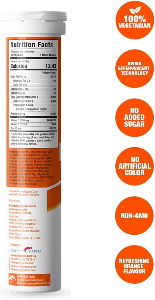 Fast&Up Vitamin C + D3 + Zinc Effervescent Tablets - 20 Tabs, Orange ...