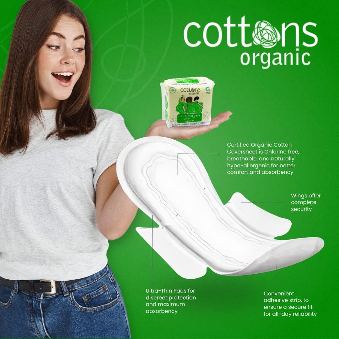 Organic Cotton Ultra-Thin Pads with Wings | Regular Absorbency | 14 ...