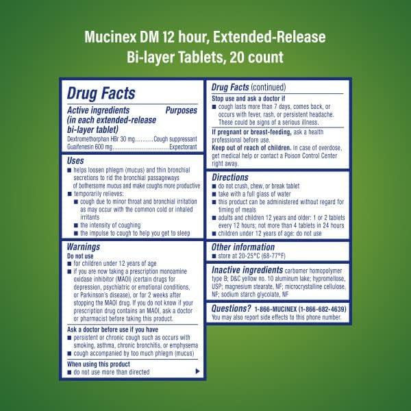 Mucinex DM 12 Hour Relief Tablets 20ct - Pack of 3 | Controls Cough, Thins Mucus, and Eases ...