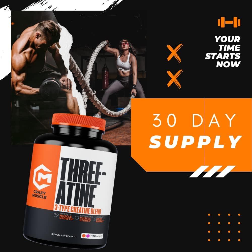 Premium Creatine Capsules 5g - 3X ThreeAtine for Muscle Gain | 180 High ...