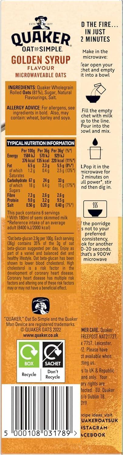 Quaker Oats So simple Golden Syrup Sachets (6 x 36g) - 2 Pack | 100% ...
