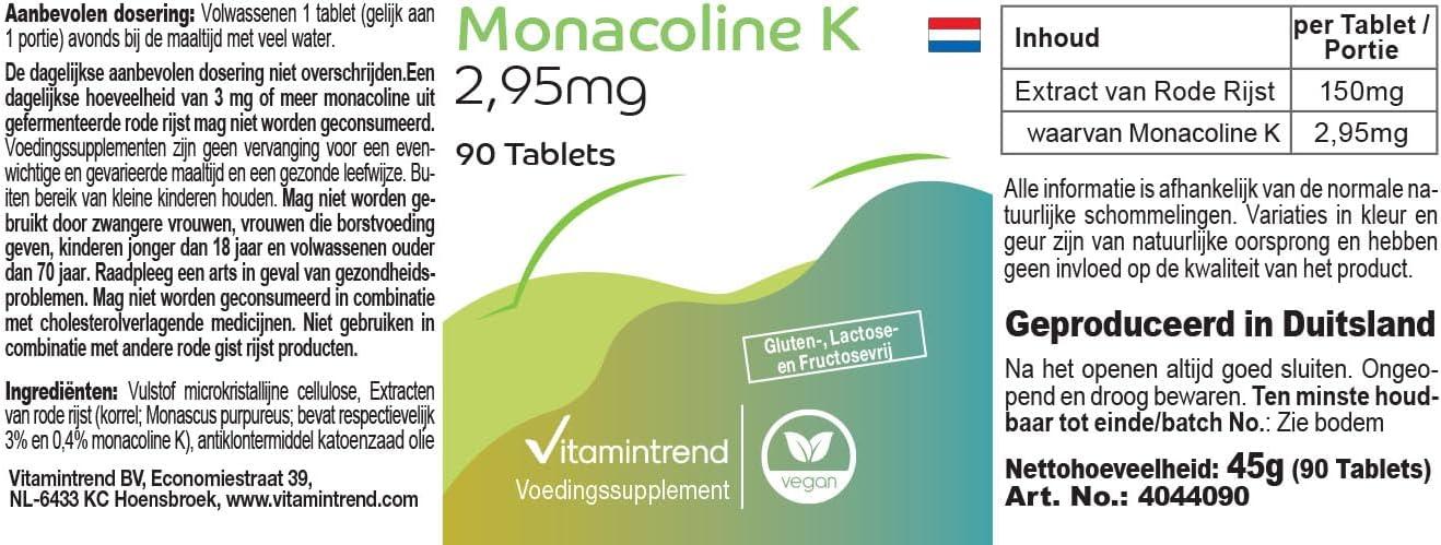 Monacolin K Red Rice Extract - 90 High-Dosed Vegan Tablets | 2.95mg ...