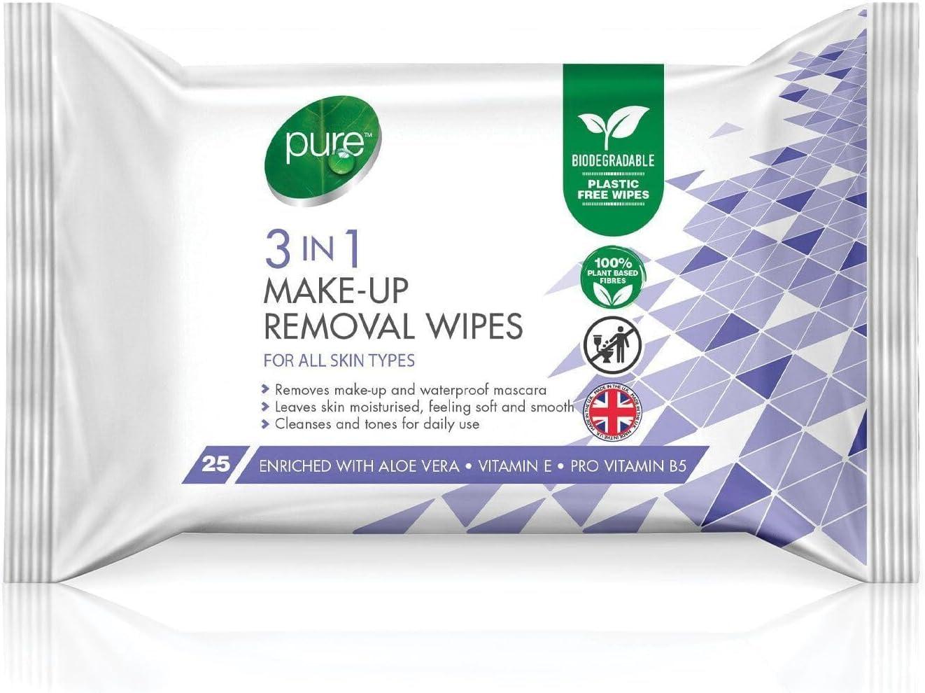 3 in 1 PURE Make Up Removal Wipes For all skin Types Biodegradable 25 ...