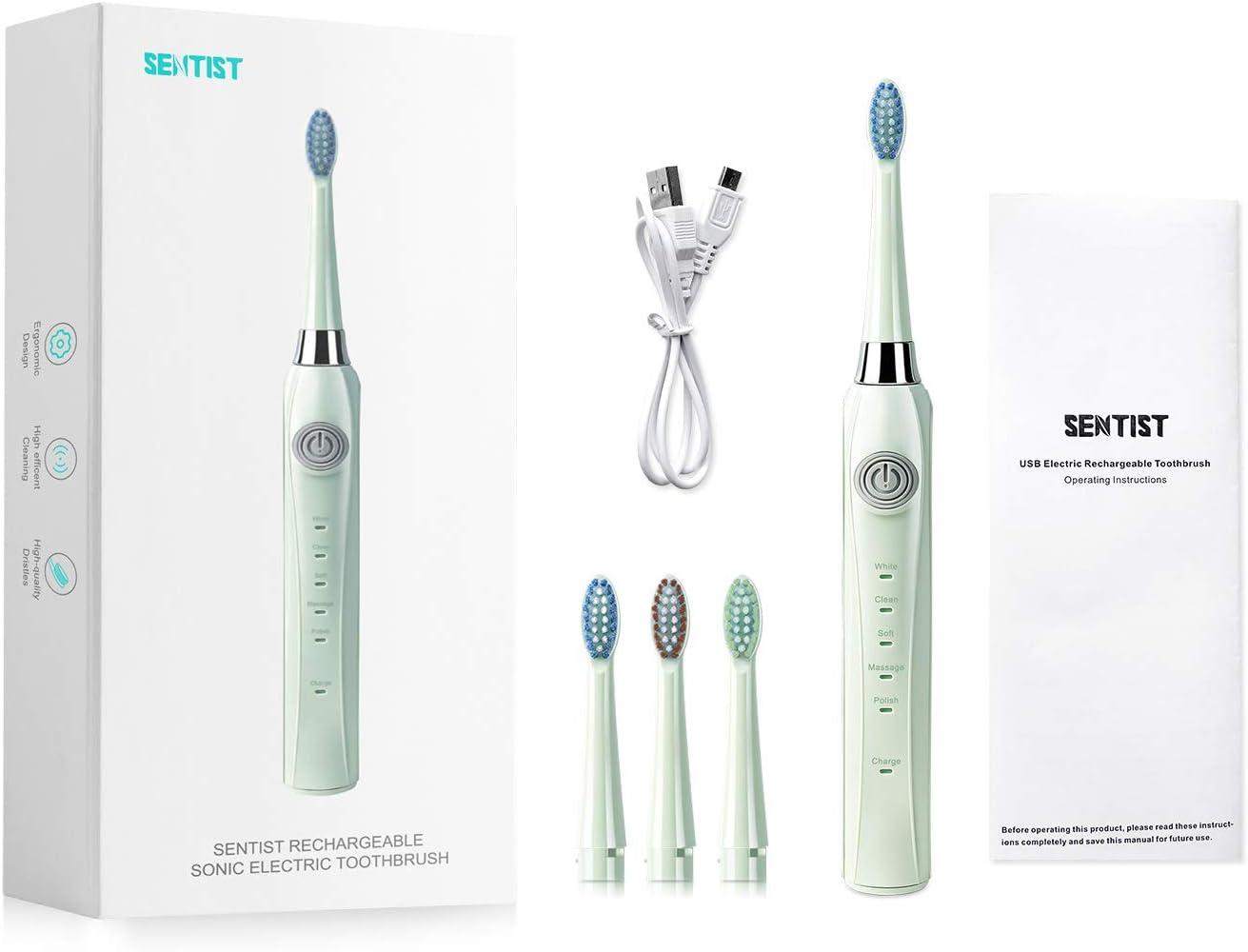 SENTIST Sonic Electric Toothbrush - 5 Modes, Timer, 3 Replacement Heads ...