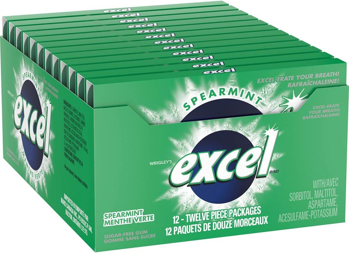 EXCEL Spearmint Flavoured Sugar Free Chewing Gum 12 Pieces 12 Packs