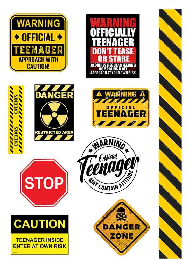 Warning Teenager edible icing cake topper A4 sheet. 2.5" logo's 1" W ...
