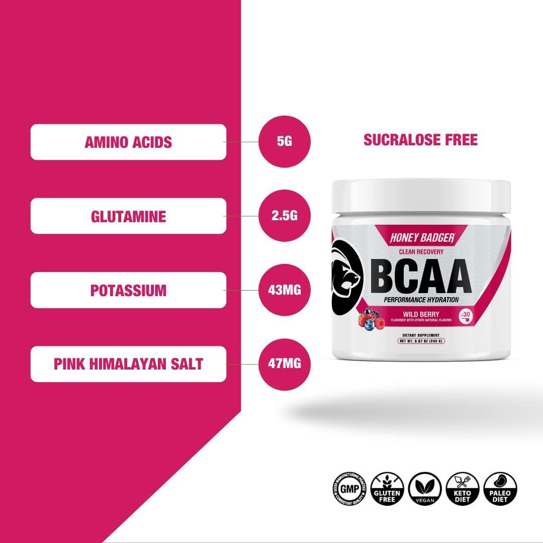 Honey Badger BCAA Amino Acids Powder - Vegan Keto Wild Berry BCAAs + EAA for Hydration ...