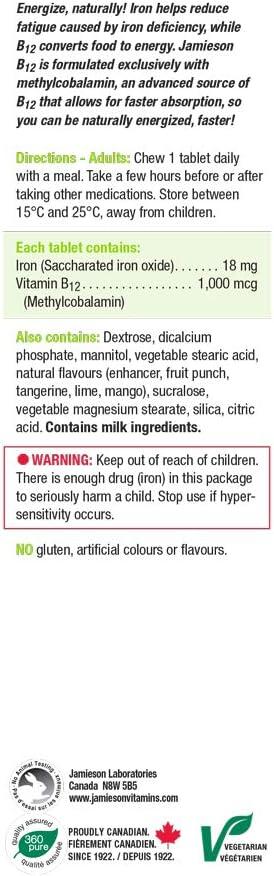 Jamieson Iron + Vitamin B12 Chewable Tablets - 45 Tabs | Buy Now with ...