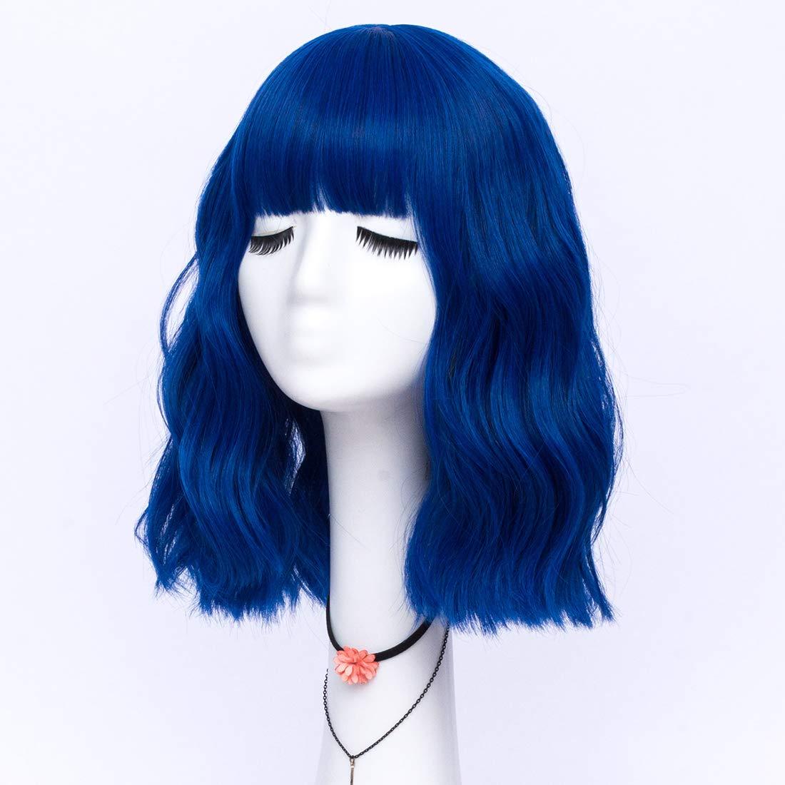 LABEAUT Royal Blue Short Bob Wavy Wig with Air Bangs - 14inch | Heat ...