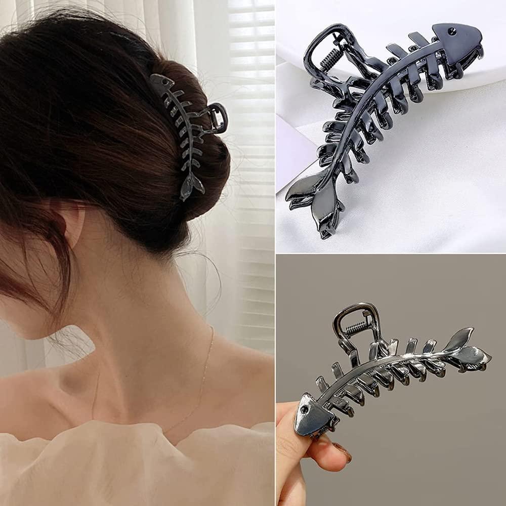Fish Bone Hair Clips Claw Metal Black | Non-Slip Hair Styling Catch ...