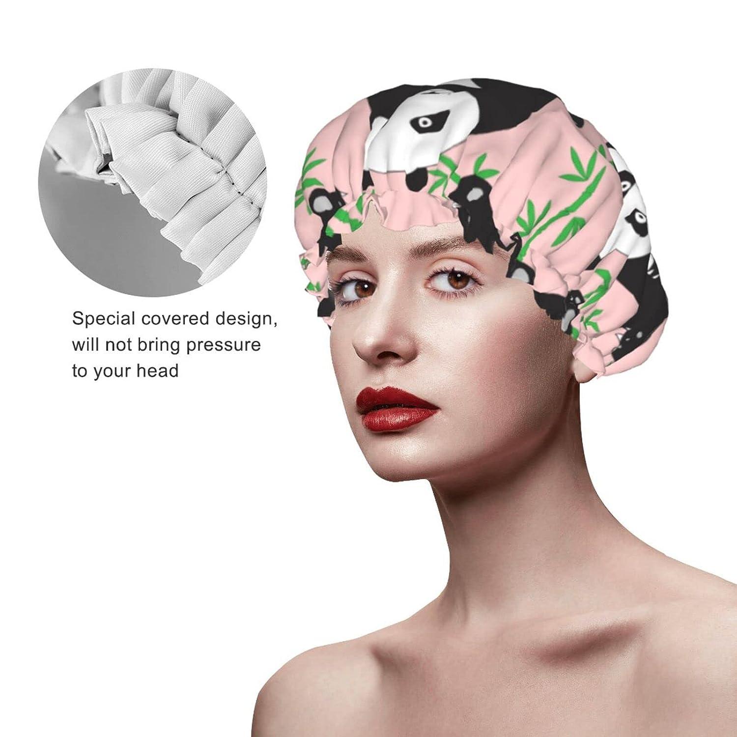 Hand-drawn Cute Pandas Shower Cap for Women - Double Waterproof Layers ...
