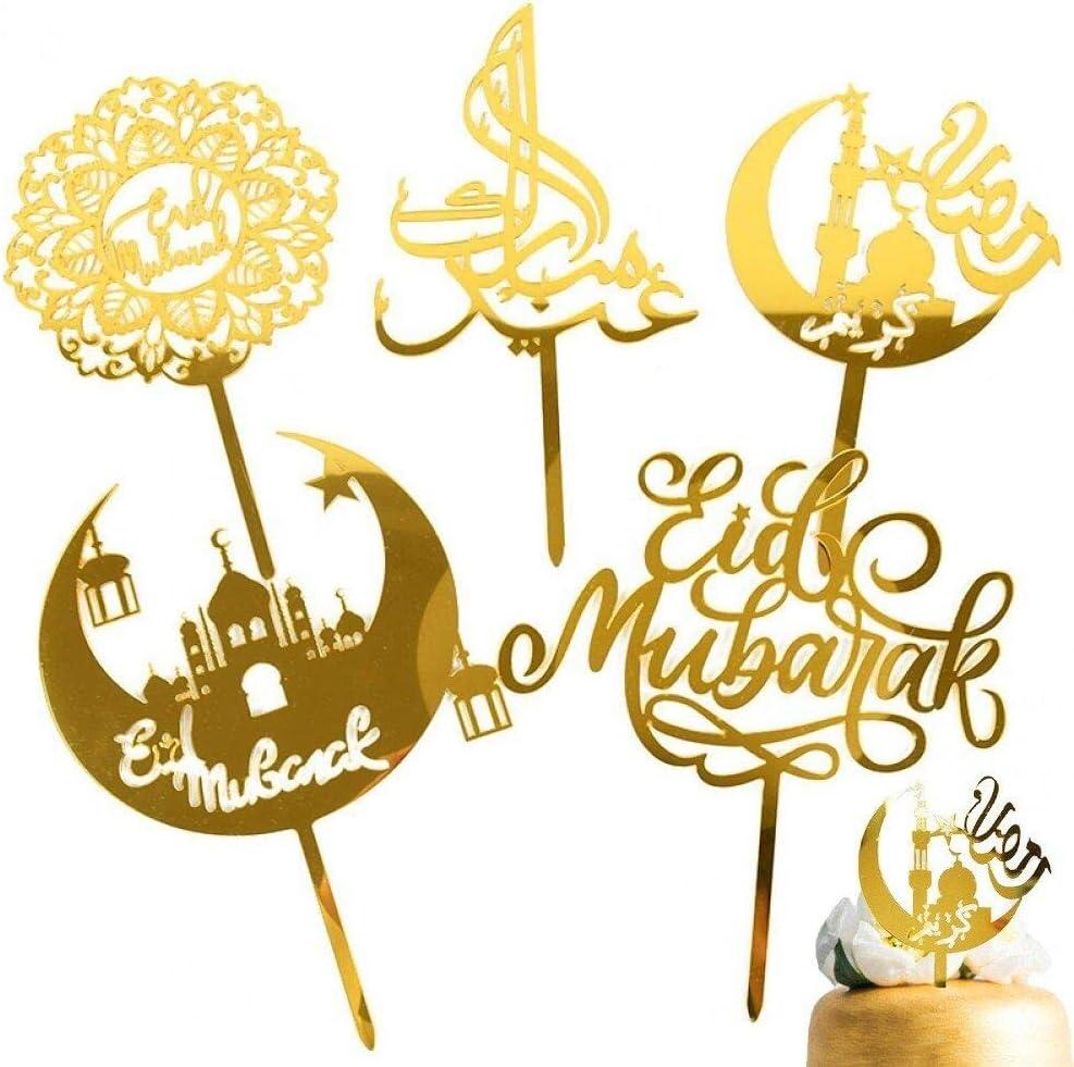 5pcs Eid Mubarak Cake Toppers Golden Ramadan Cake Topper Acrylic Moon ...