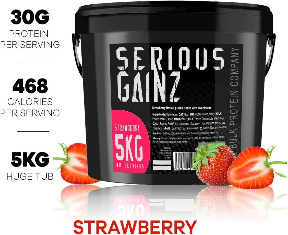 Serious Gainz Whey Protein Powder - Strawberry 5kg - 30g Protein - Mass ...