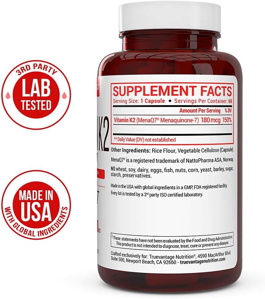 Vitamin K2 MK-7 180mcg Supplement - Promotes Bone & Heart Health - 60 ...