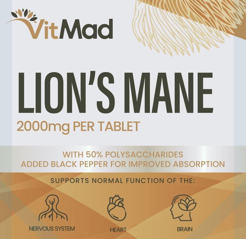 Lions Mane 2000mg Tablet with Black Pepper - Vegan, Mental Performance ...
