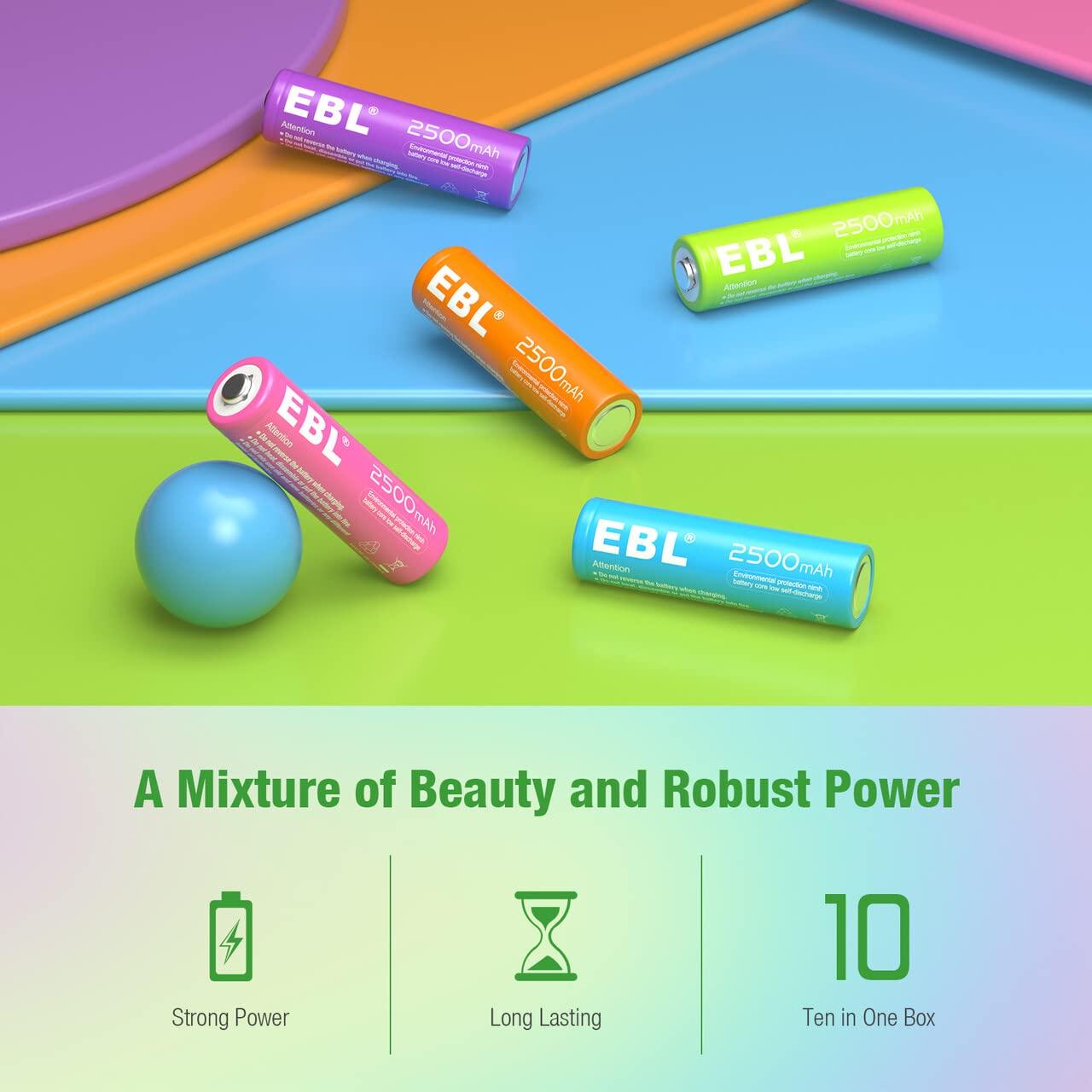 EBL AA Rechargeable Battery 10 Pack - 2500mAh Ni-MH Double A Batteries ...