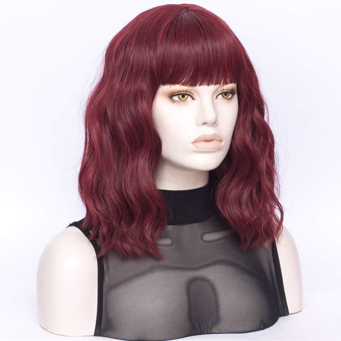 FVCENT Short Curly Burgundy Wig for Women | Shoulder Length Full Bang ...