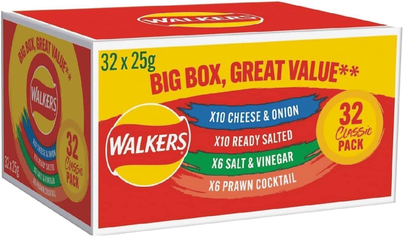Walker Crisps Big Box 32x25g contains 4 Different Flavours 32 packs x25 ...
