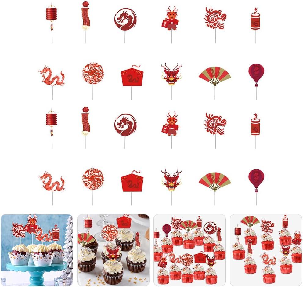 DECHOUS 24pcs Chinese Happy New Year Cupcake Toppers Chinese Dragon ...