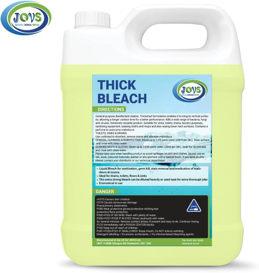 Jovs Thick Bleach 5 Litre - Professional Bleach for Cleaning Toilet Drains and Floors - Hospital ...