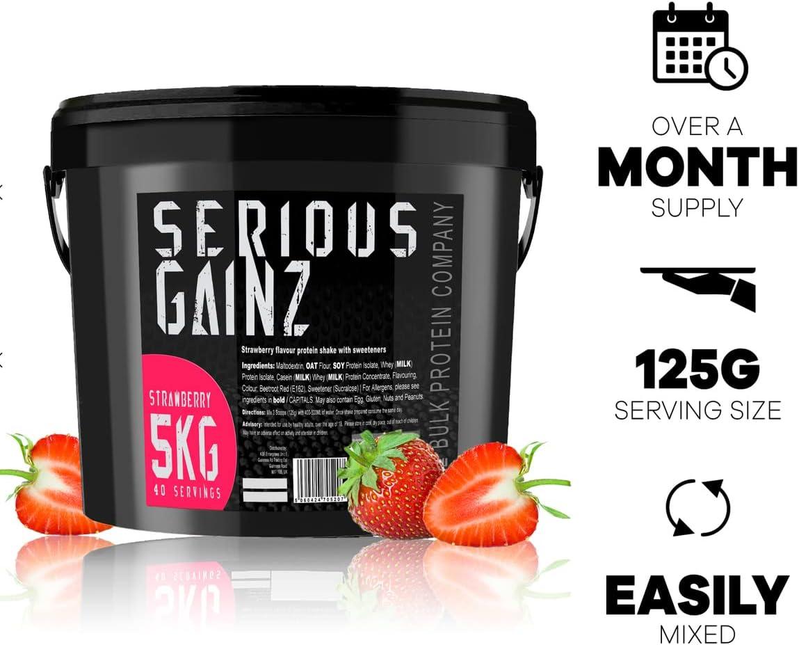 Serious Gainz Whey Protein Powder - Strawberry 5kg - 30g Protein - Mass ...