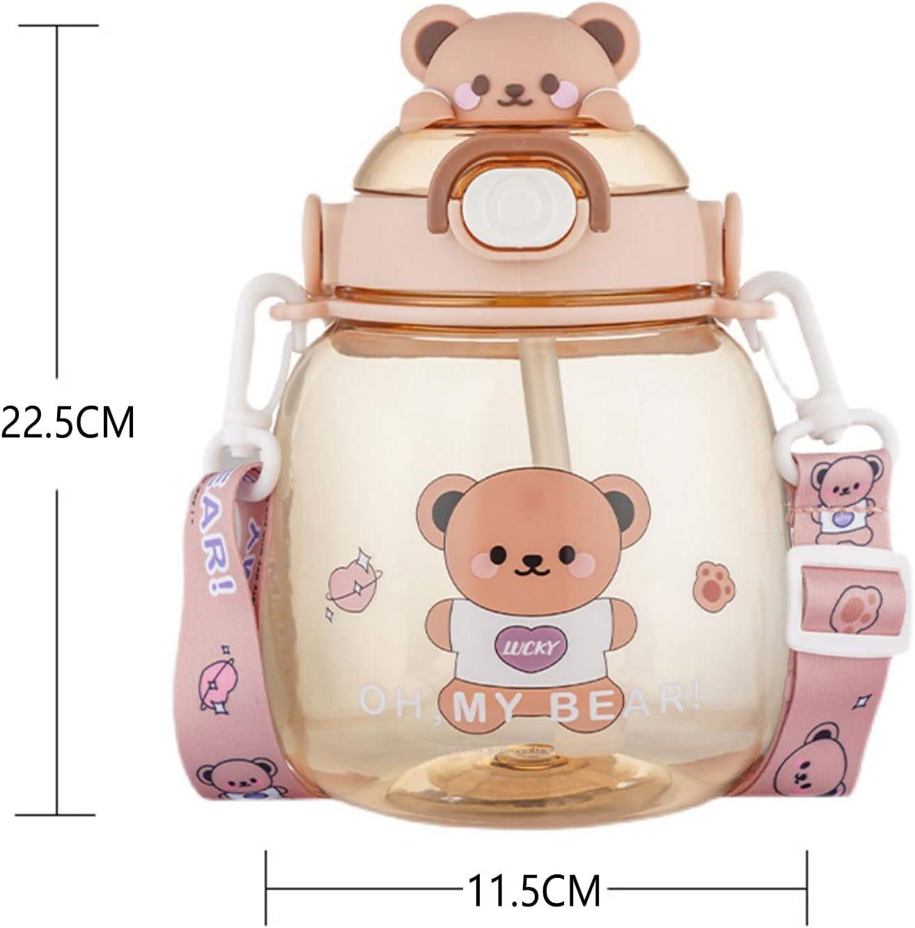 JQWSVE Kawaii Bear Water Bottle 46oz with Straw - Large Cute Cartoon Drinking Bottle for Milk ...