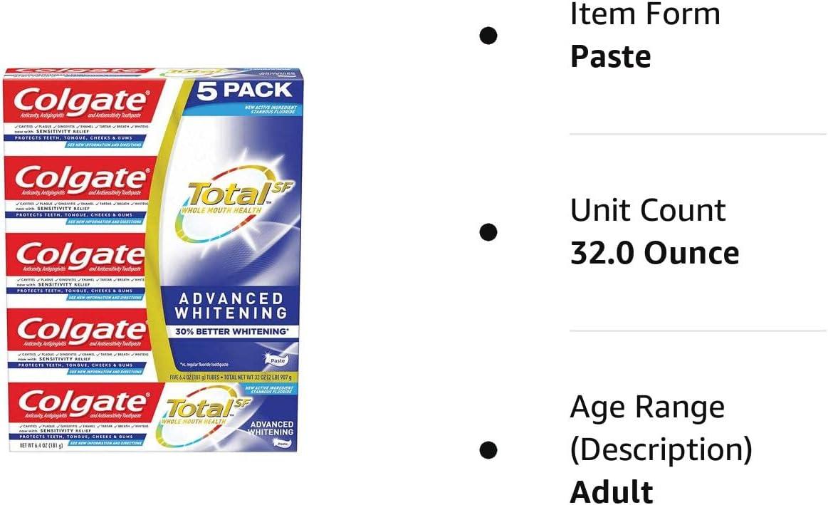 Colgate Total SF Advanced Whitening Toothpaste 6.4 oz - 5 Pack ...