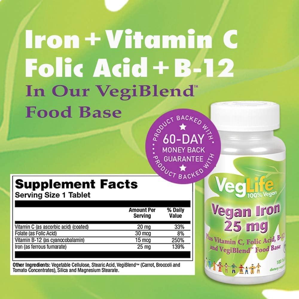 Vegan Iron 25mg with Vitamin C, Folic Acid, B-12 & VegiBlend | Plant ...
