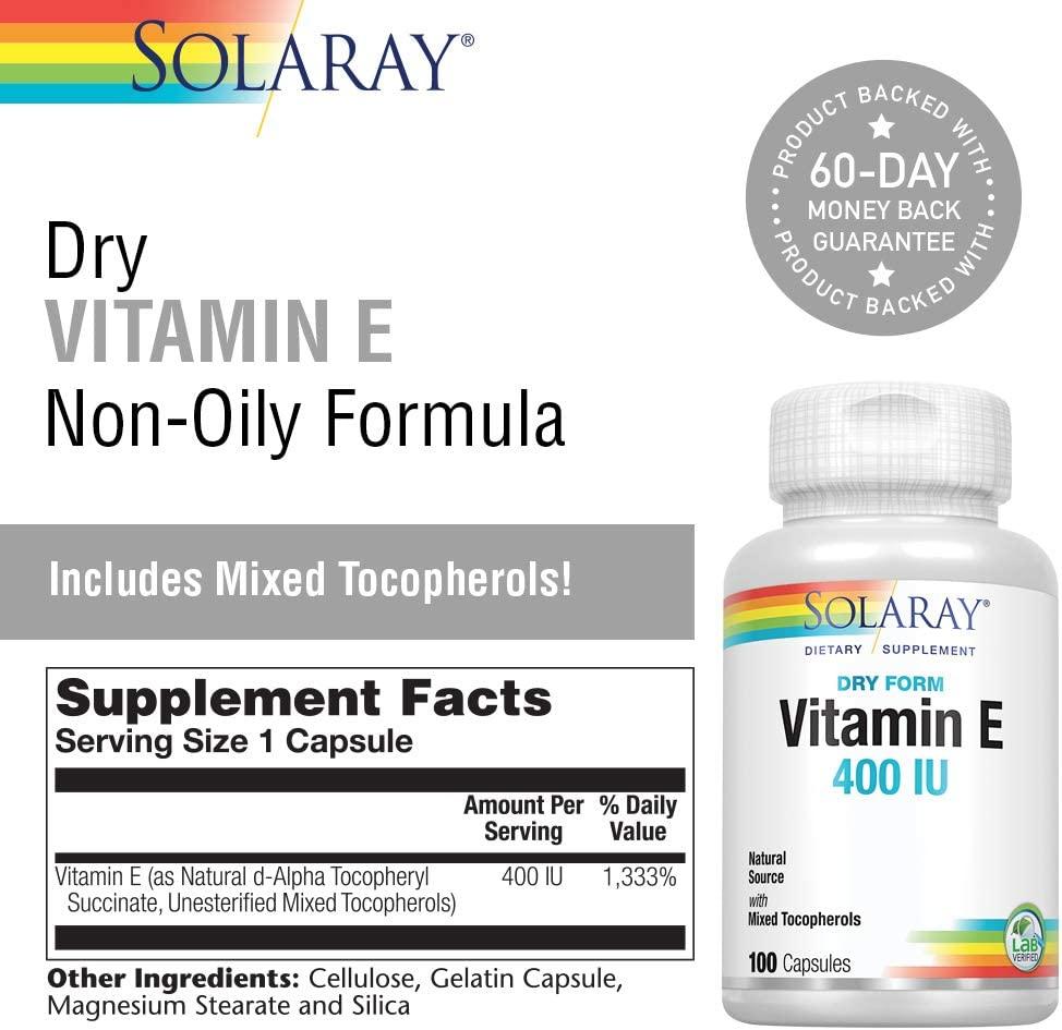 Solaray Vitamin E 400 IU Dry Capsules w/Mixed Tocopherols - Non-Oily ...