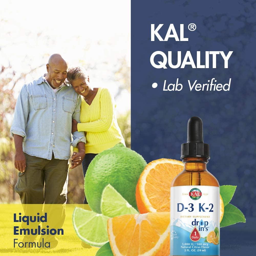 KAL D-3 K-2 Drops - Natural Citrus - 2 fl oz (59 ml) Vitamin D & K ...