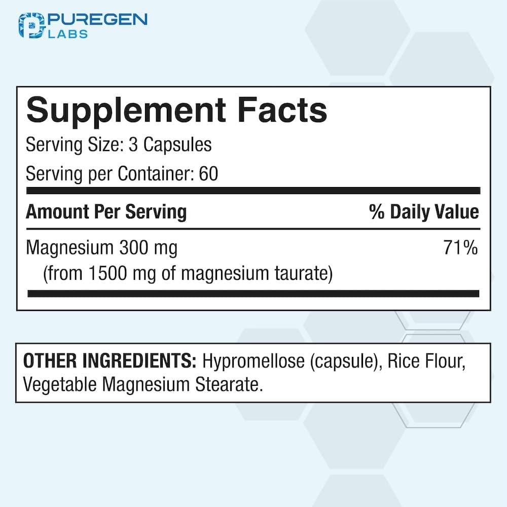 Puregen Labs Magnesium Taurate 1500mg per Serving [High Potency] 180 ...