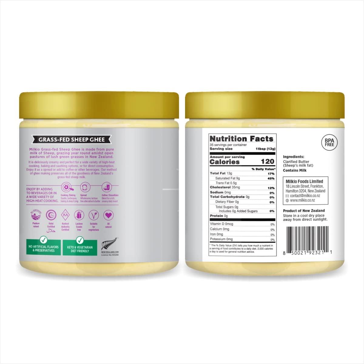 MILKIO Grass Fed Sheep Ghee 16 FL Oz - Halal Kosher Certified Clarified ...