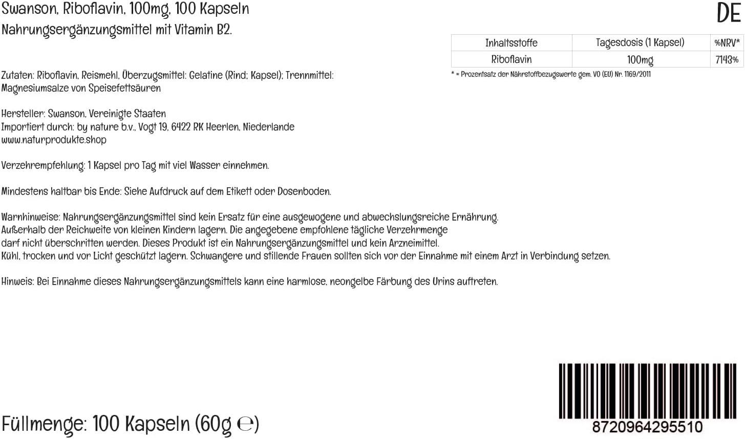 Swanson Vitamin B2 Riboflavin 100mg 100 Capsules High-Dose SOYA-Free ...