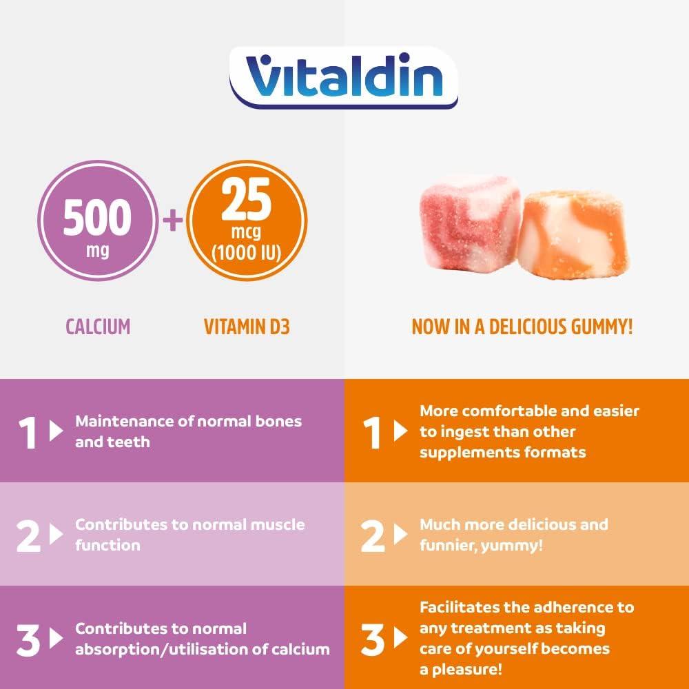 VITALDIN Calcium + Vitamin D3 Gummies 500mg & 1000 IU 60 Chewable ...