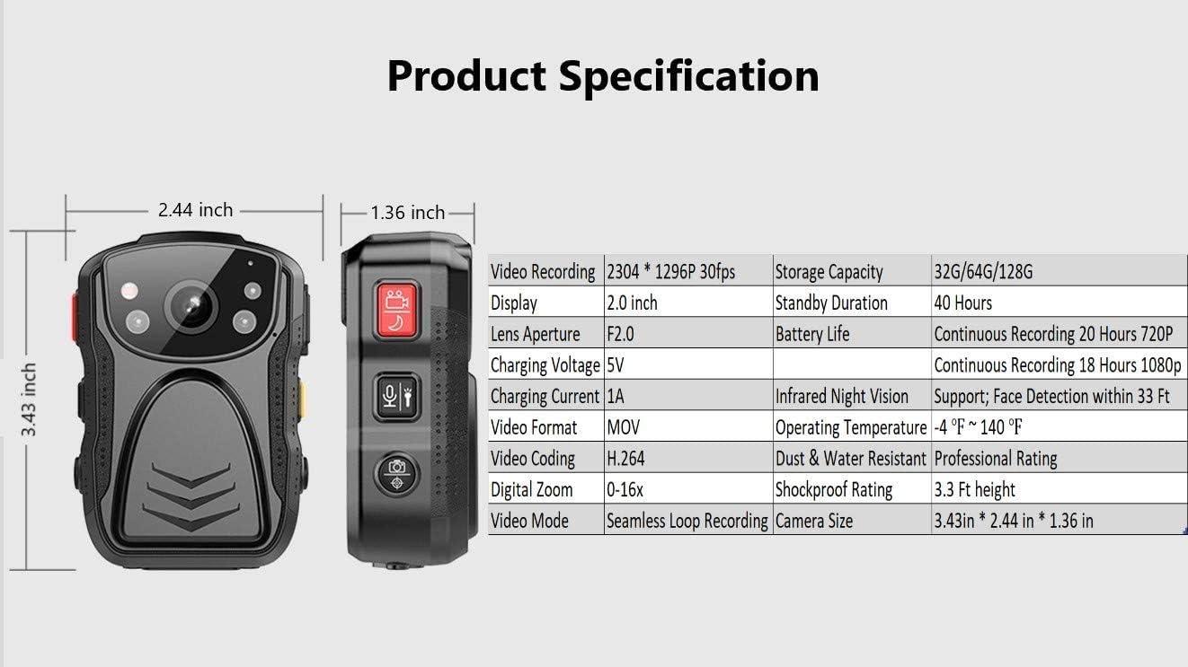 PatrolMaster 1296P UHD Body Camera with Audio 128GB | 2 Display | Night ...