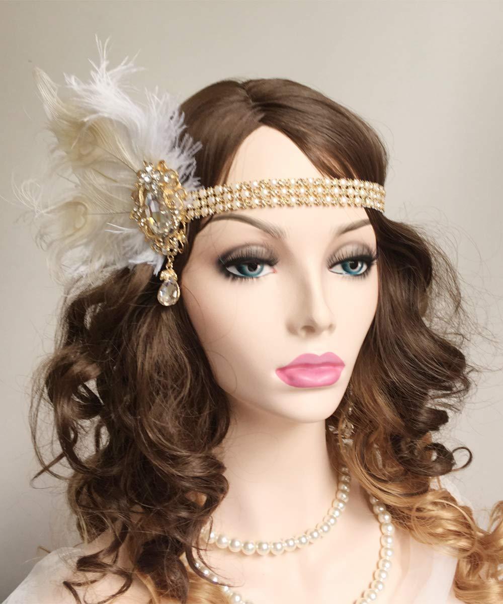 Chmier 1920s Flapper Feather Headband with Crystal Pearl Chain - White ...