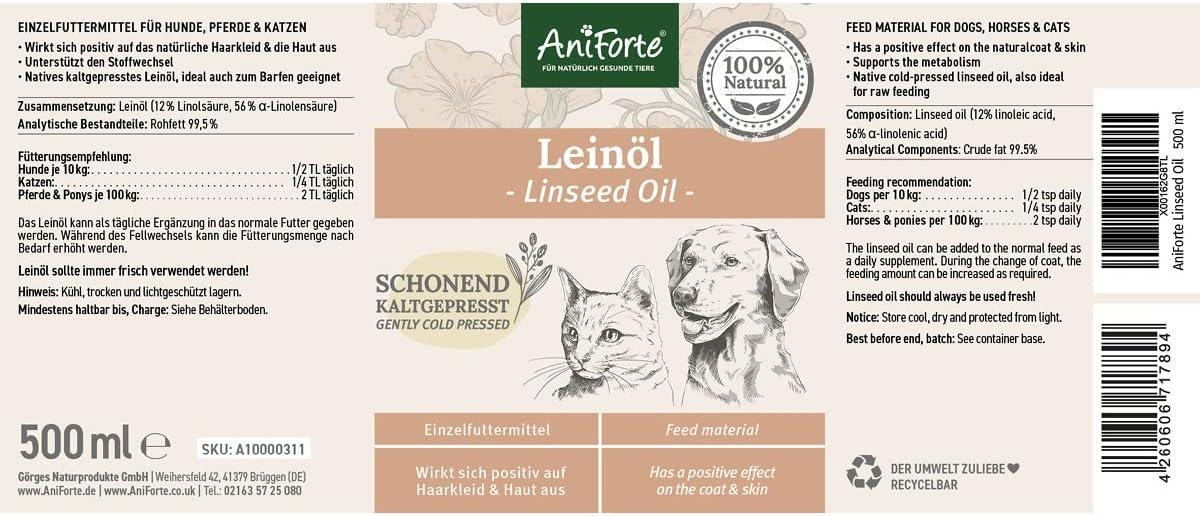 AniForte Linseed Oil for Dogs & Cats 500ml - Cold-Pressed Omega 3 & 6 ...