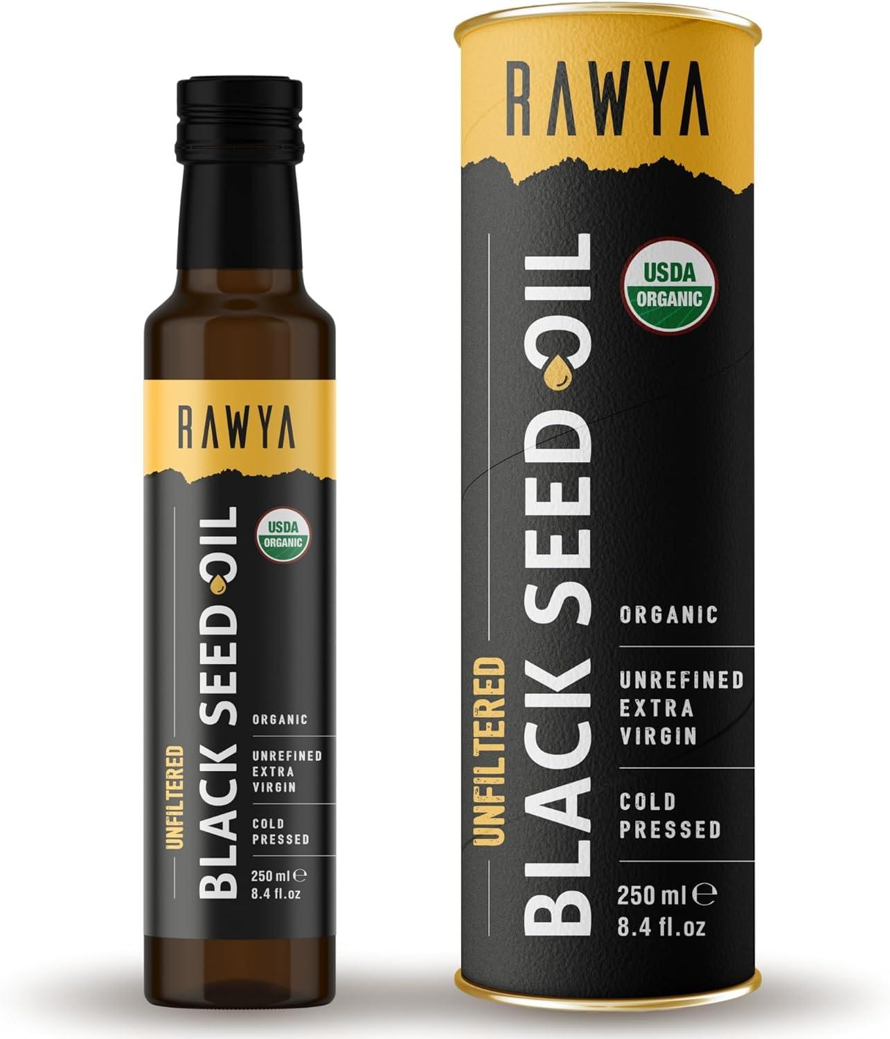 RAWYA Black Seed Oil Organic Unfiltered 2 Bottles (2x250 ml) Cold Pressed Glass Bottle Nigella ...