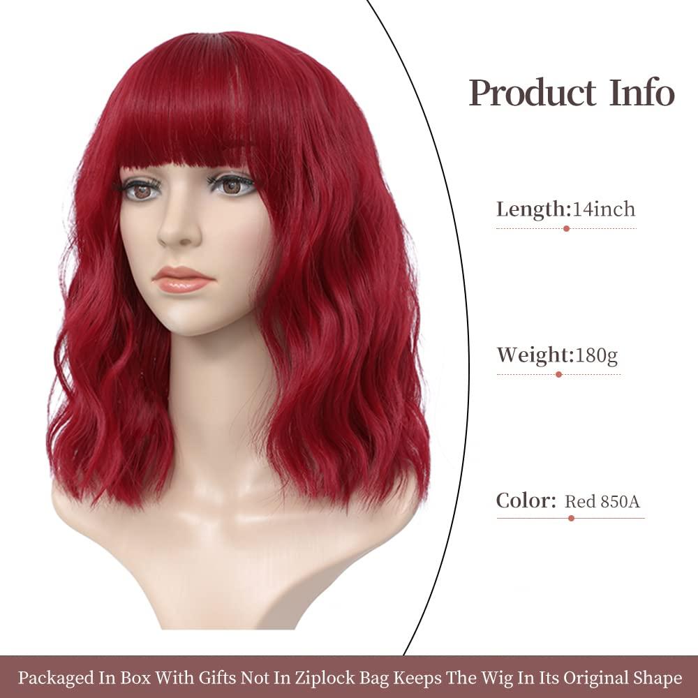 Short Red Wavy Bob Wig with Bangs - Natural Looking Synthetic Curly ...