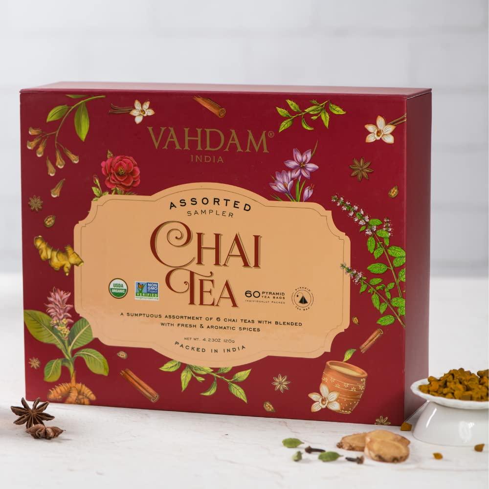 VAHDAM Chai Tea Sampler Pack - 60 Tea Bags - 6 Flavors - Assorted Chai Tea Gift Set - 100% ...