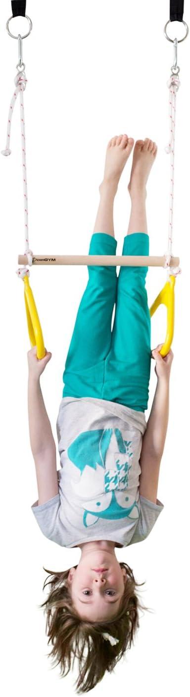 DreamGYM Wooden Trapeze Swing Bar with Blue Gym Rings - Perfect for ...