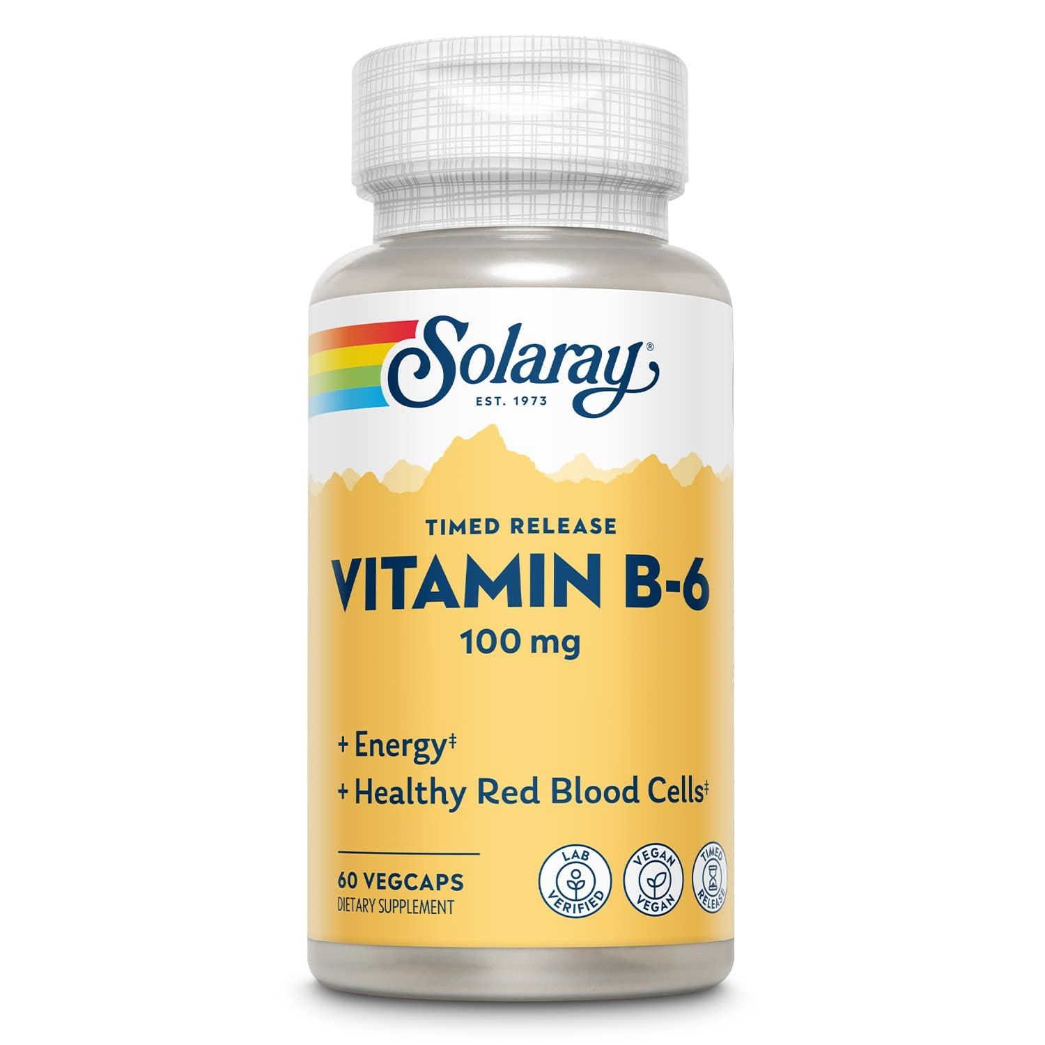 Solaray B6 Two-Stage Timed-Release Veg Cap 100mg | 60ct - Plastic ...