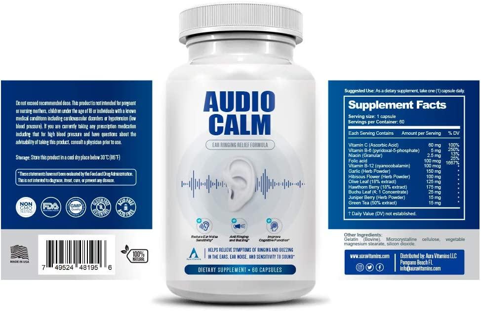 Audio Calm - Natural Tinnitus Relief Supplement | Stop Ear Ringing, Buzzing & Clicking | 60 ...