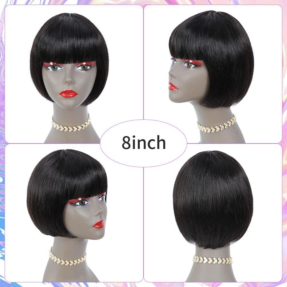 8 Inch Short Bob Human Hair Wig with Bangs for Black Women - Brazilian ...