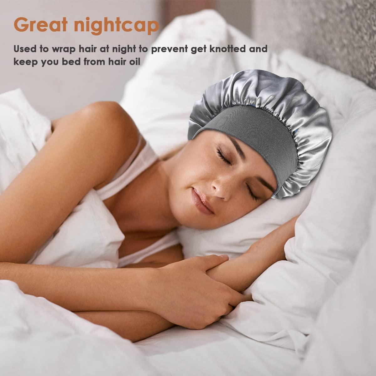 Petyoung 3 Pack Satin Sleep Caps for Women & Girls - Elastic Wide Band ...