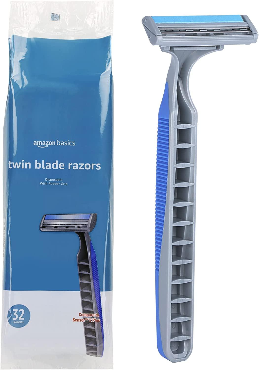 Amazon Basics Twin Blade Disposable Razors - 32 Count with Rubber Grip ...